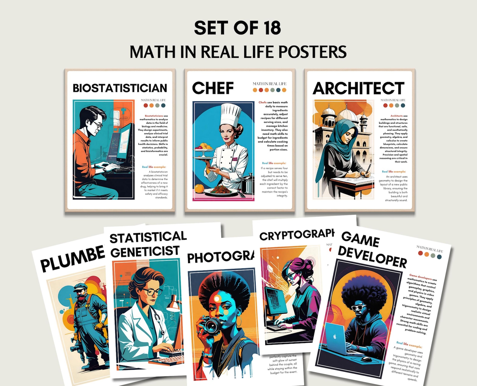 Set of 18 Printable Careers in Math and Math in Real Life Posters for ...
