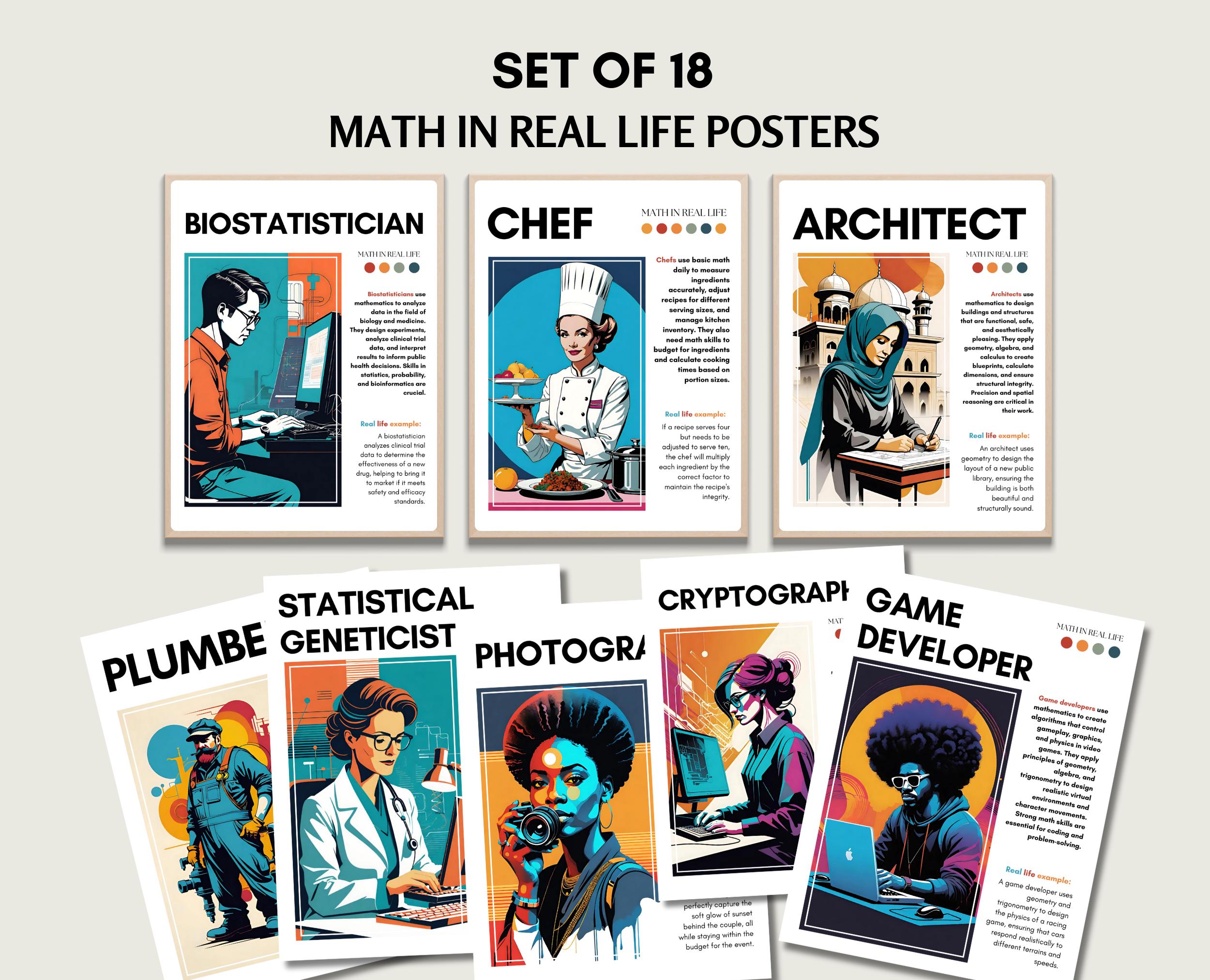 Set of 18 Printable Careers in Math and Math in Real Life Posters for ...