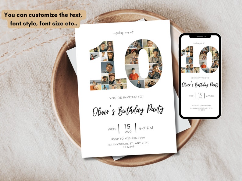 10th Birthday Invitation With Number Photo Collage - Editable and ...