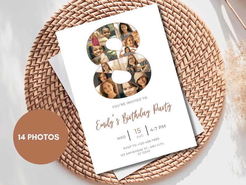 Minimalist Customizable 8th Birthday Invitation Card Number Photo ...