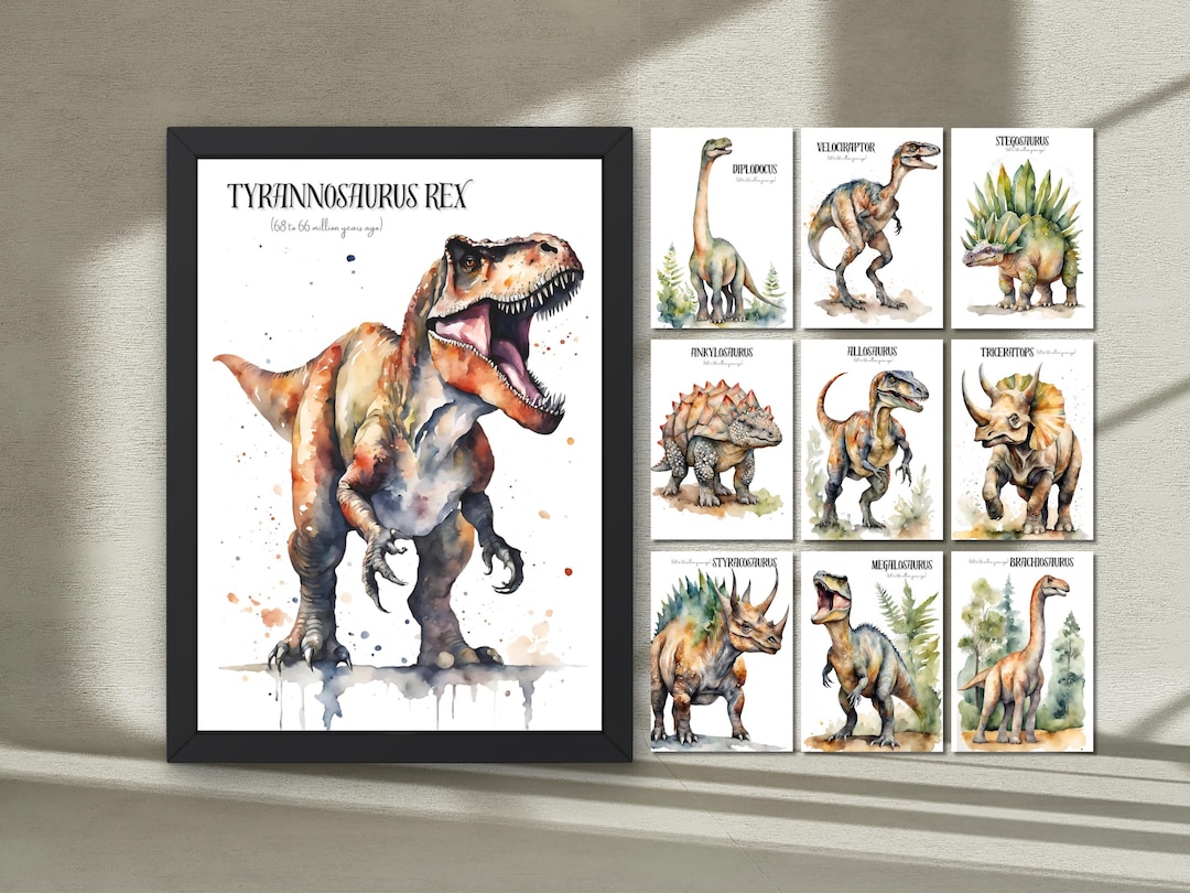 Set of 10 Printable Watercolor Dinosaur Posters and Wall Art for Kids ...