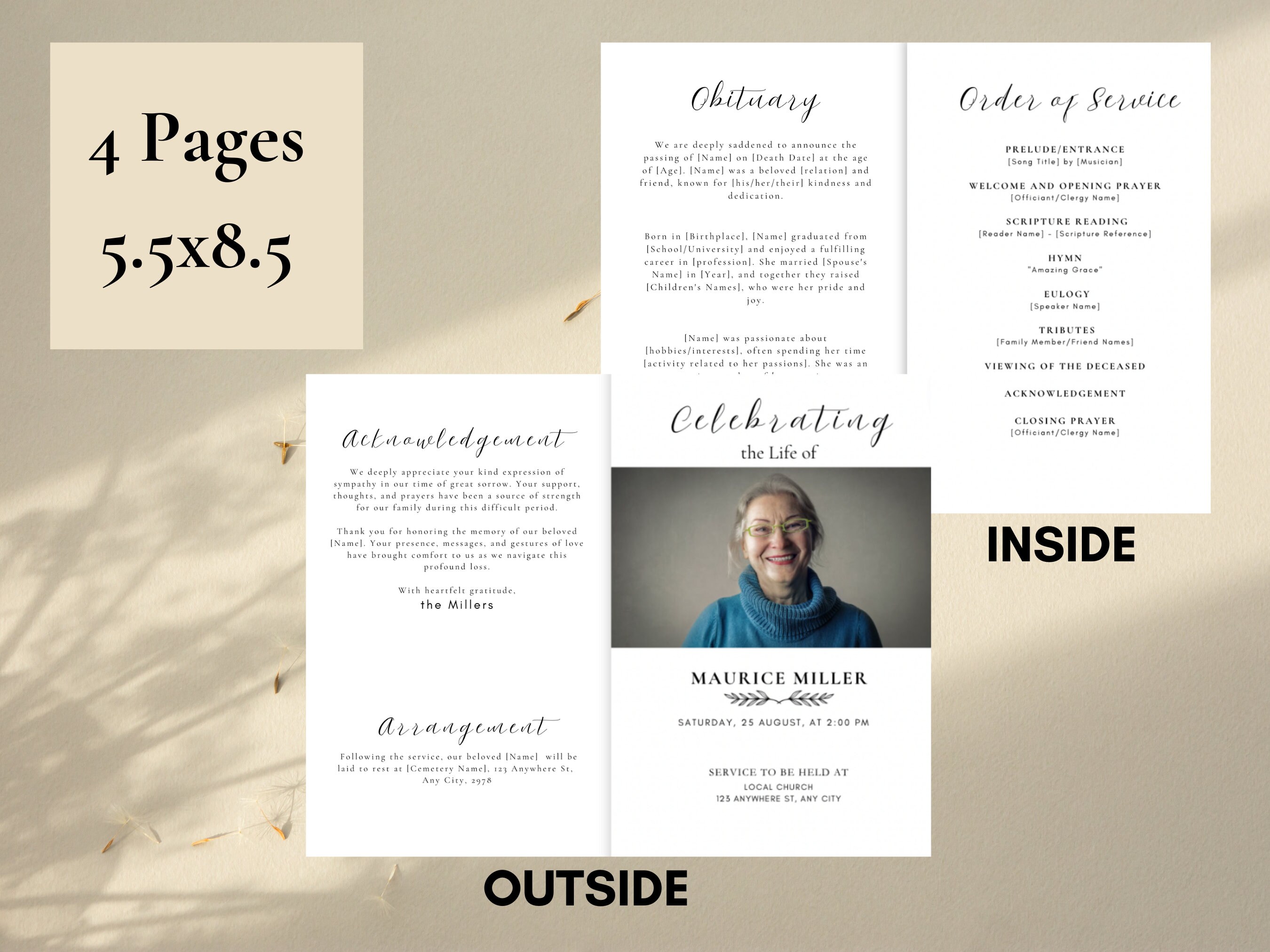Funeral Program Template, Customizable Memorial Service Template ...