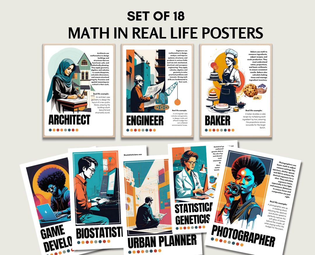 Set of 18 Printable Careers in Math and Math in Real Life Posters for ...