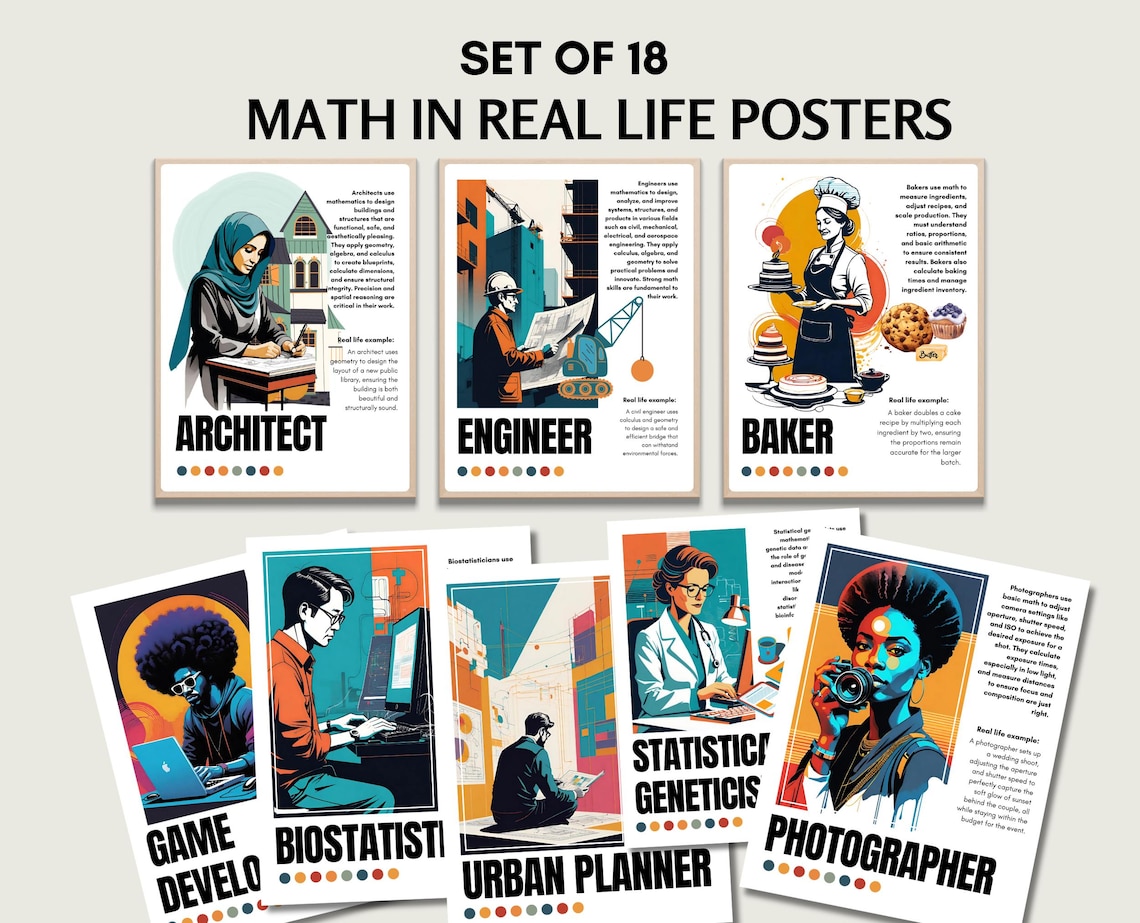 Set of 18 Printable Careers in Math and Math in Real Life Posters for ...