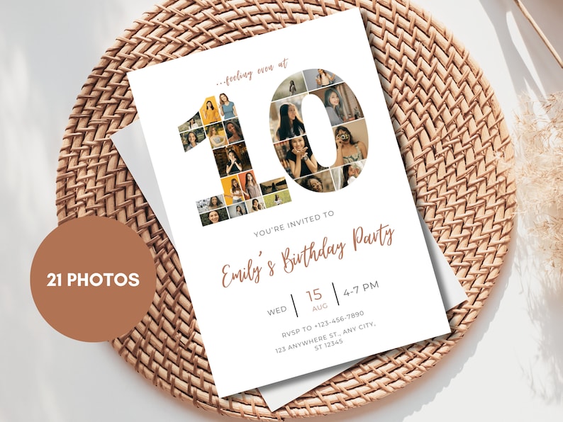 10th Birthday Invitation With Number Photo Collage - Editable and ...