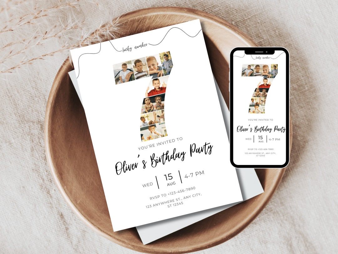 Minimalist 7th Birthday Invitation Photo Collage - Editable and ...