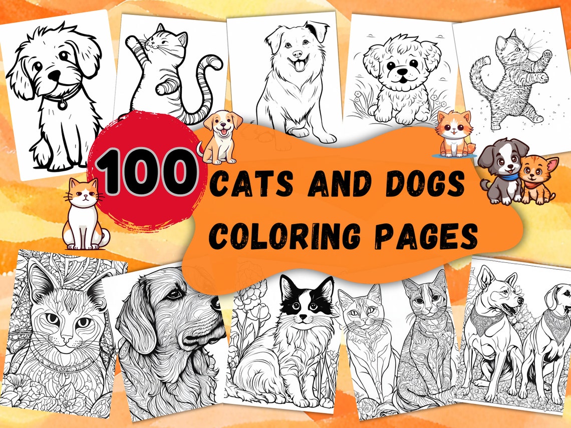 100 Cute Cats and Dogs Coloring Pages for Kids and Adults Printable ...