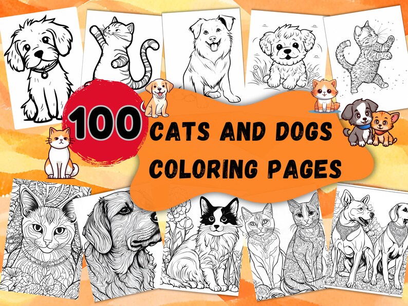100 Cute Cats and Dogs Coloring Pages for Kids and Adults Printable ...
