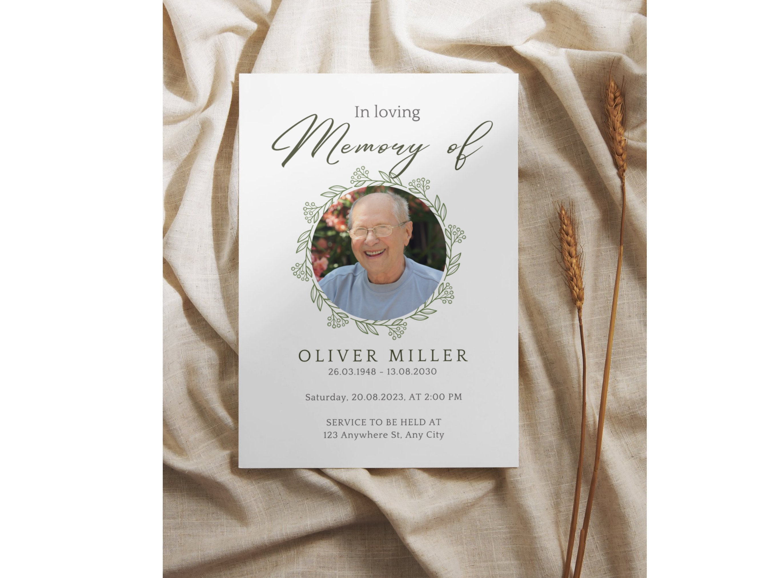 Editable Green Floral Simple Funeral Invitation Canva Template, Funeral ...
