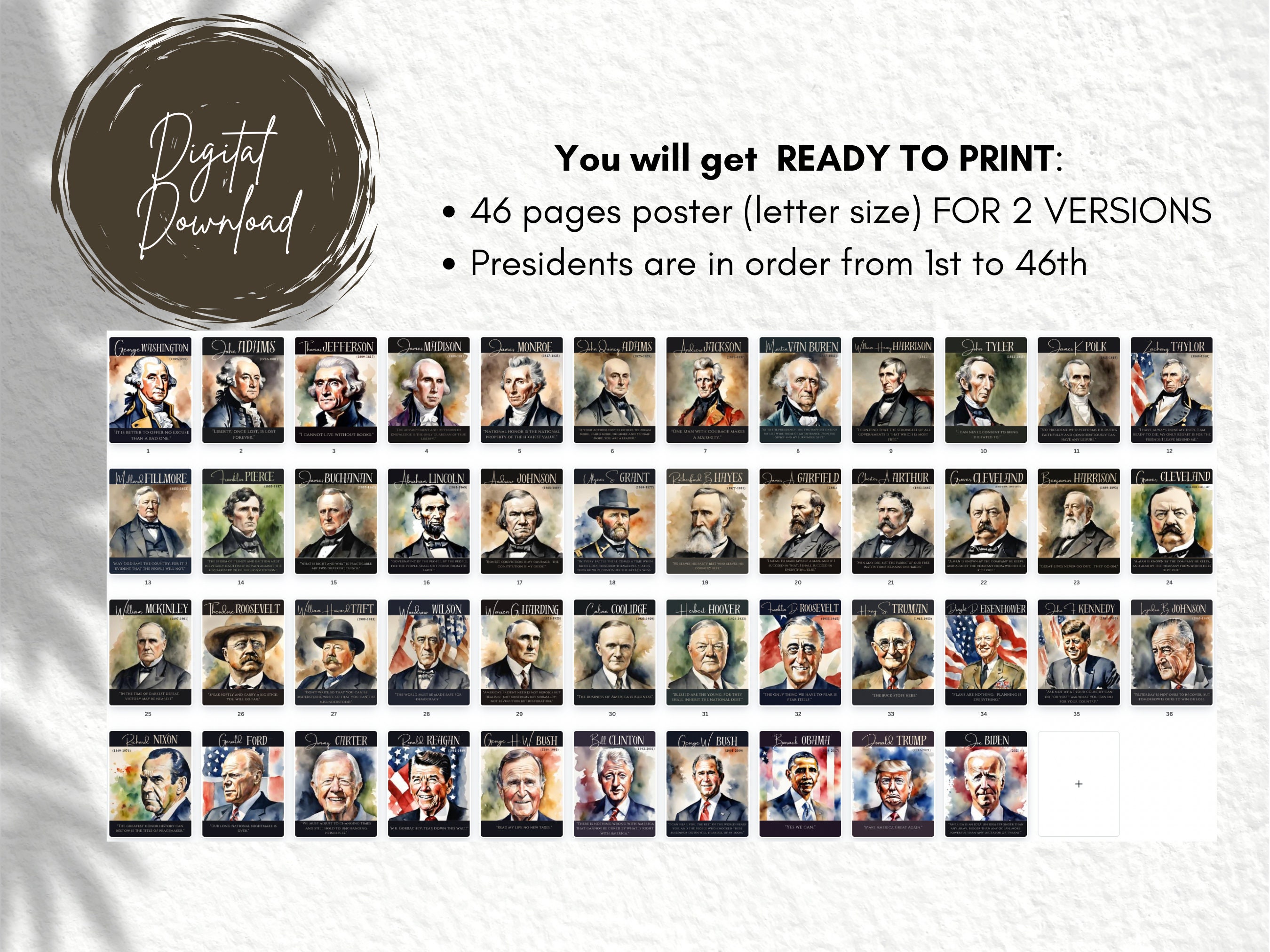 46 United States Presidents Printable Watercolor Poster - Available in ...