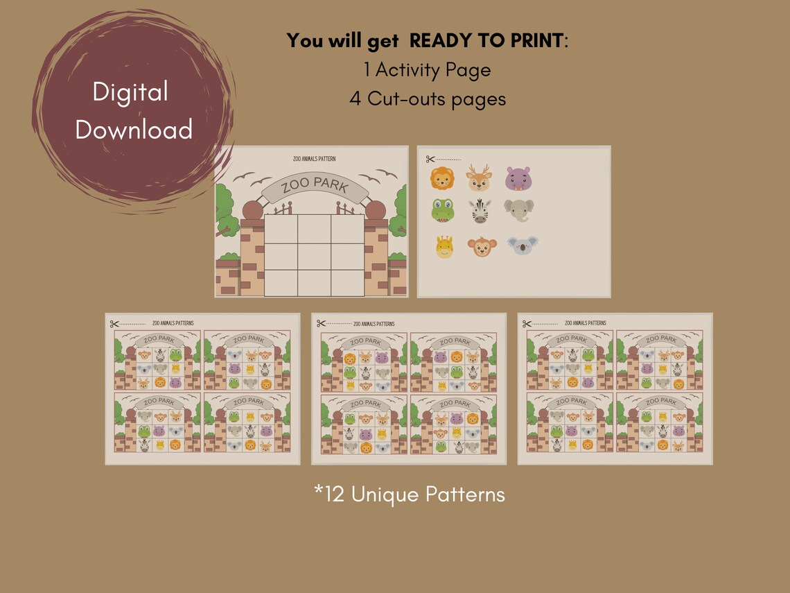 Toddler Busy Book Animal Pattern Activity, Printable Animal Matching ...