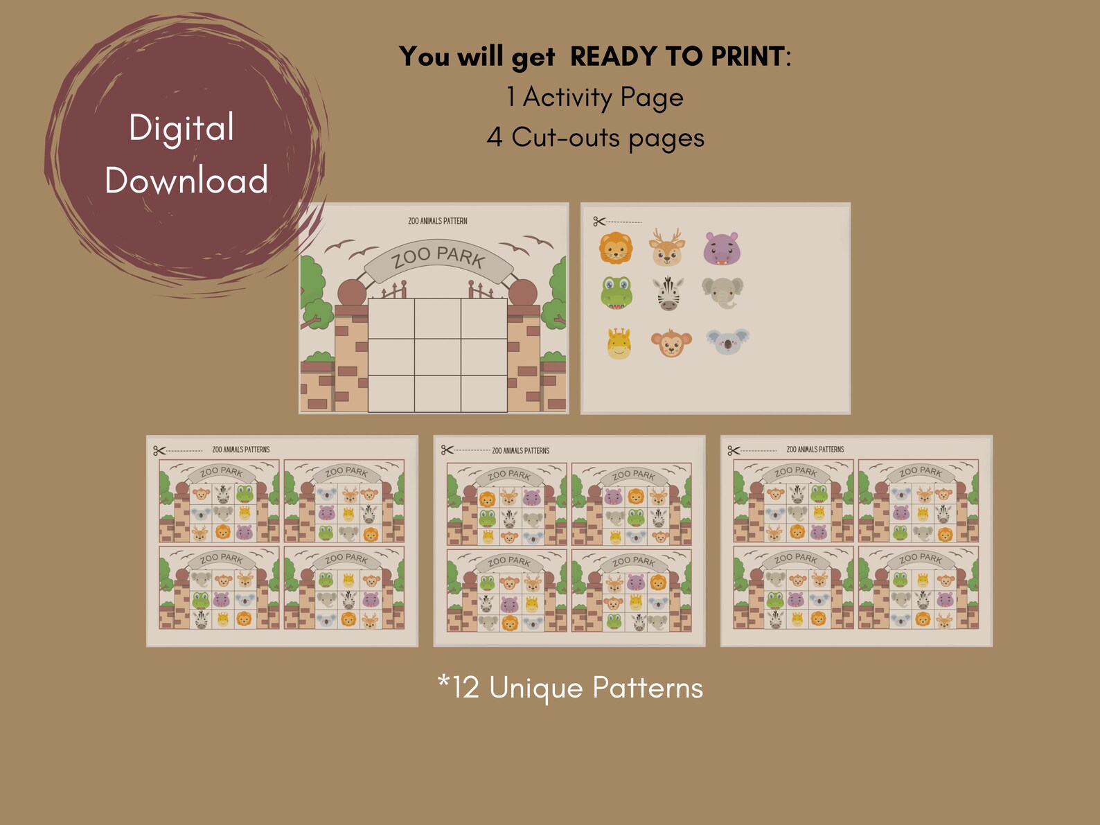 Toddler Busy Book Animal Pattern Activity, Printable Animal Matching ...