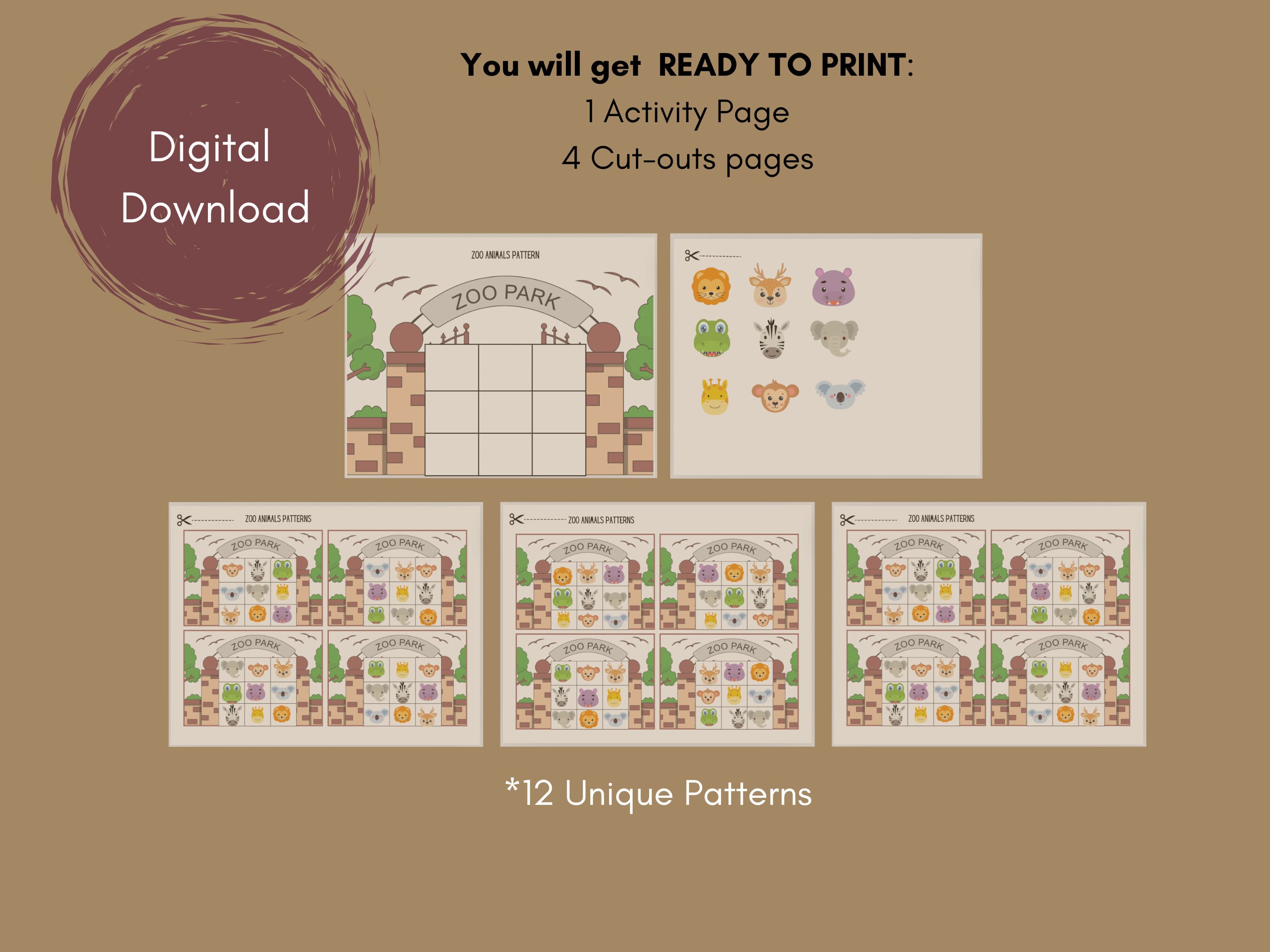 Toddler Busy Book Animal Pattern Activity, Printable Animal Matching ...