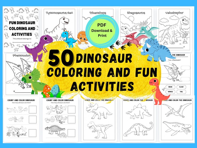 50 Dinosaur Coloring Printable Bundle Dinosaur Activity Dinosaur Pages ...
