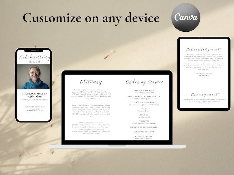 Funeral Program Template, Customizable Memorial Service Template ...