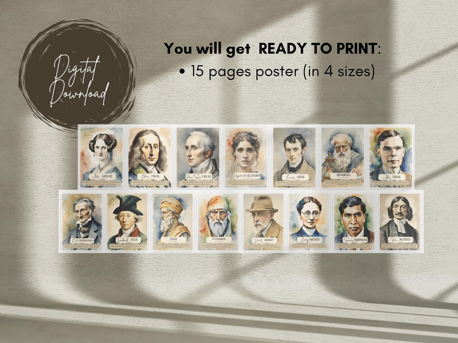 Printable Set of 15 Watercolor Theme Famous Mathematicians Posters Set ...