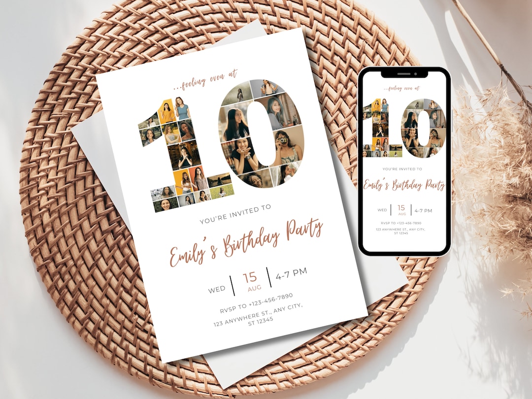 10th Birthday Invitation With Number Photo Collage - Editable and ...