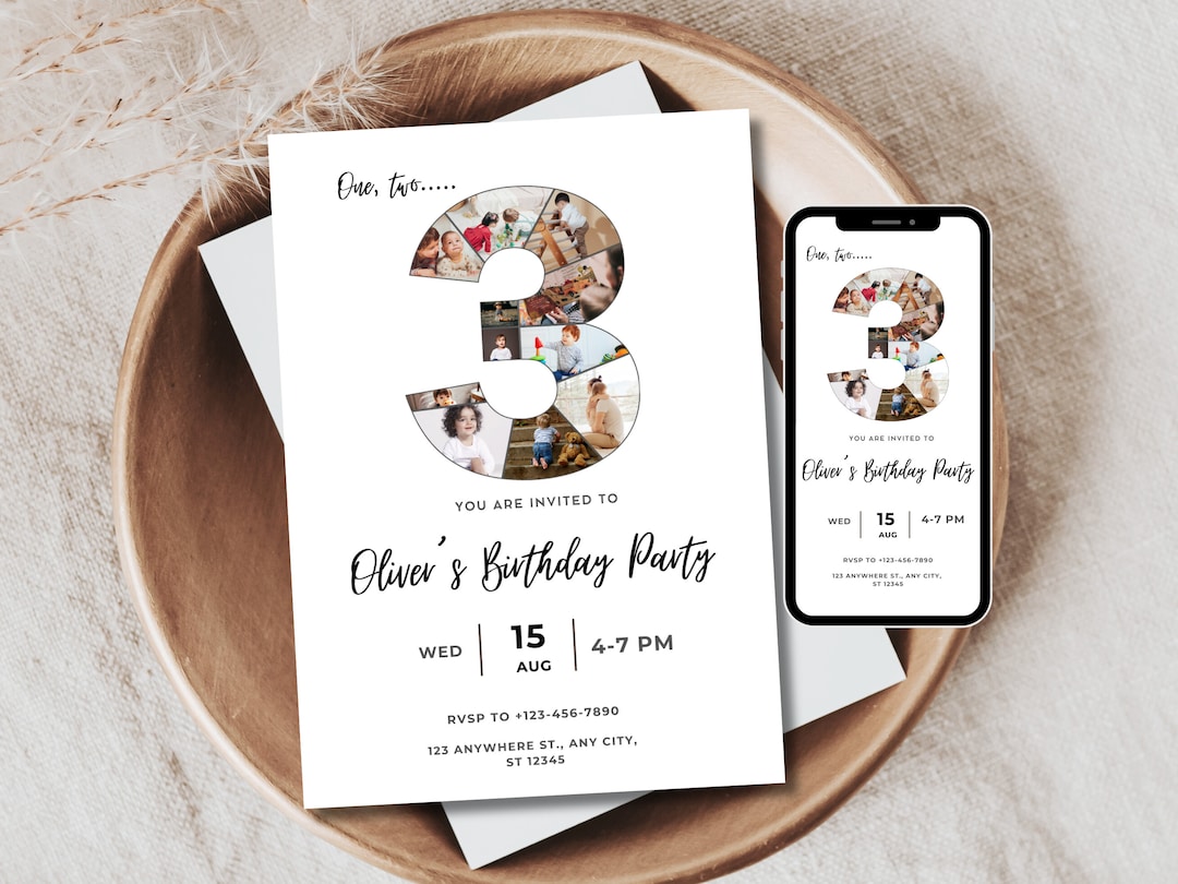 3rd Birthday Photo Collage Invitation, Minimalist 3rd Birthday ...