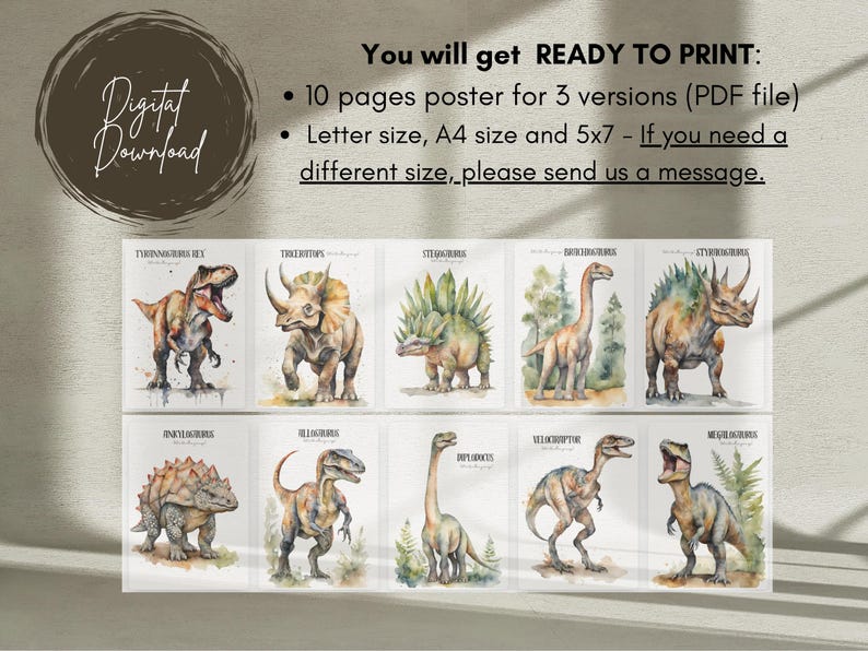 Set of 10 Printable Watercolor Dinosaur Posters and Wall Art for Kids ...