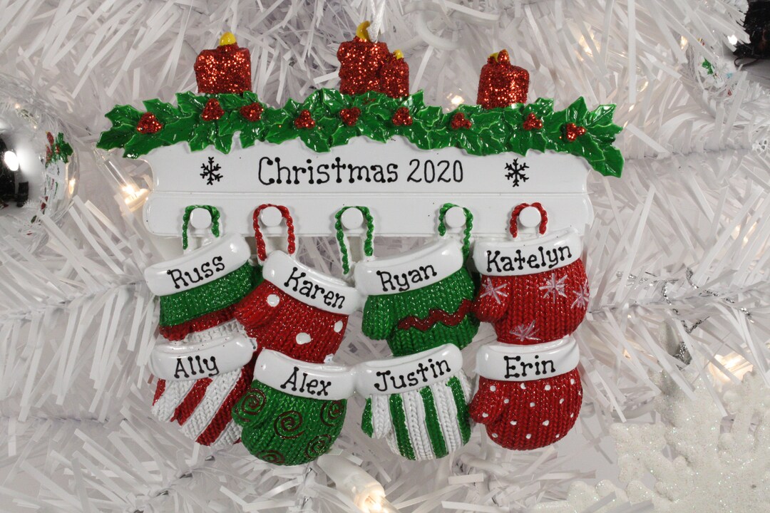 Personalized Family of 8 Mittens Hanging on Fireplace Mantle - Etsy