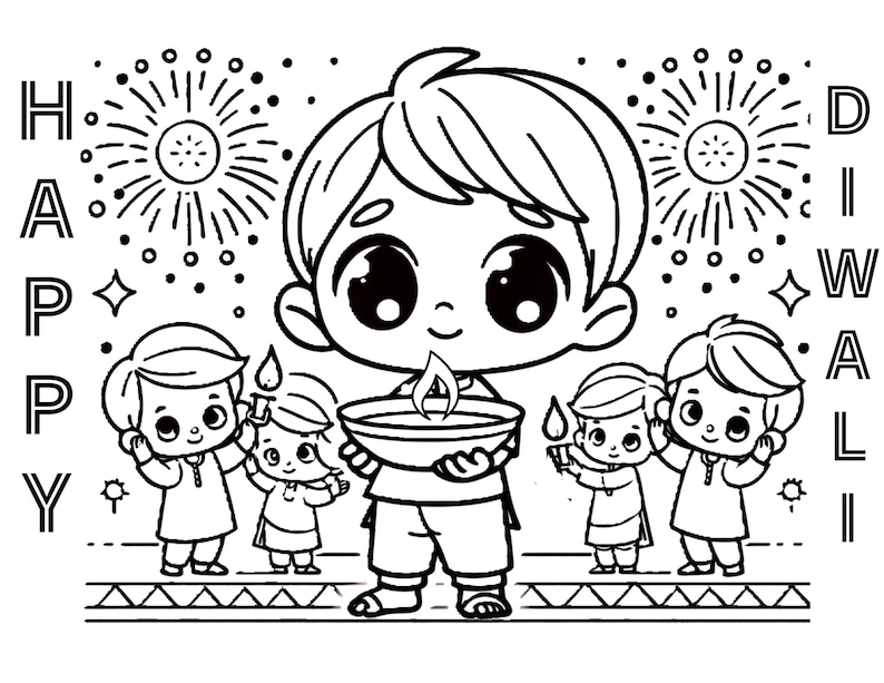 Kids 10 Diwali Coloring Pages: Family and Friends Activity (PDF ...