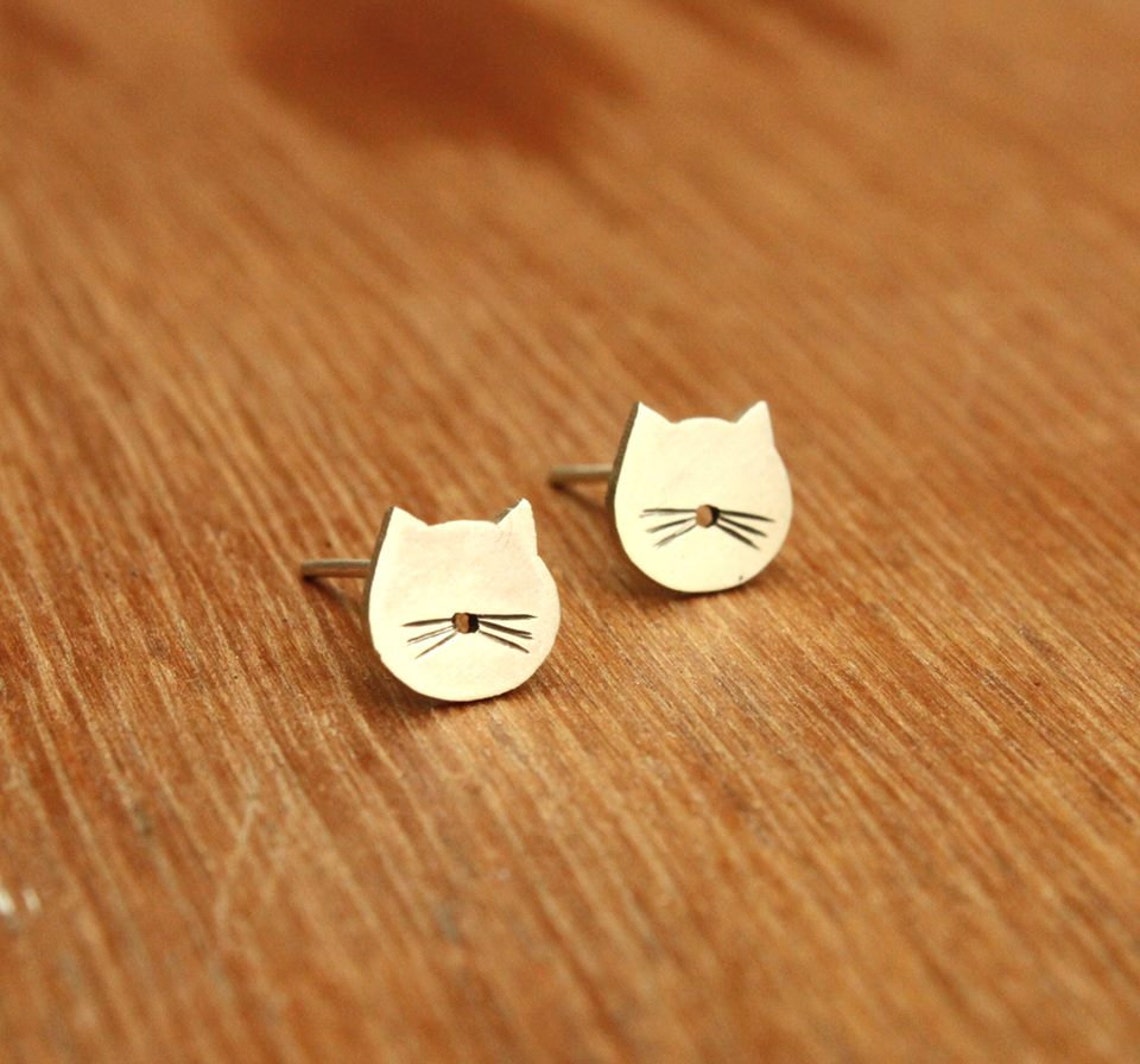 Tiny Cat Stud Earrings Sterling Silver Cat Lover Gift | Etsy