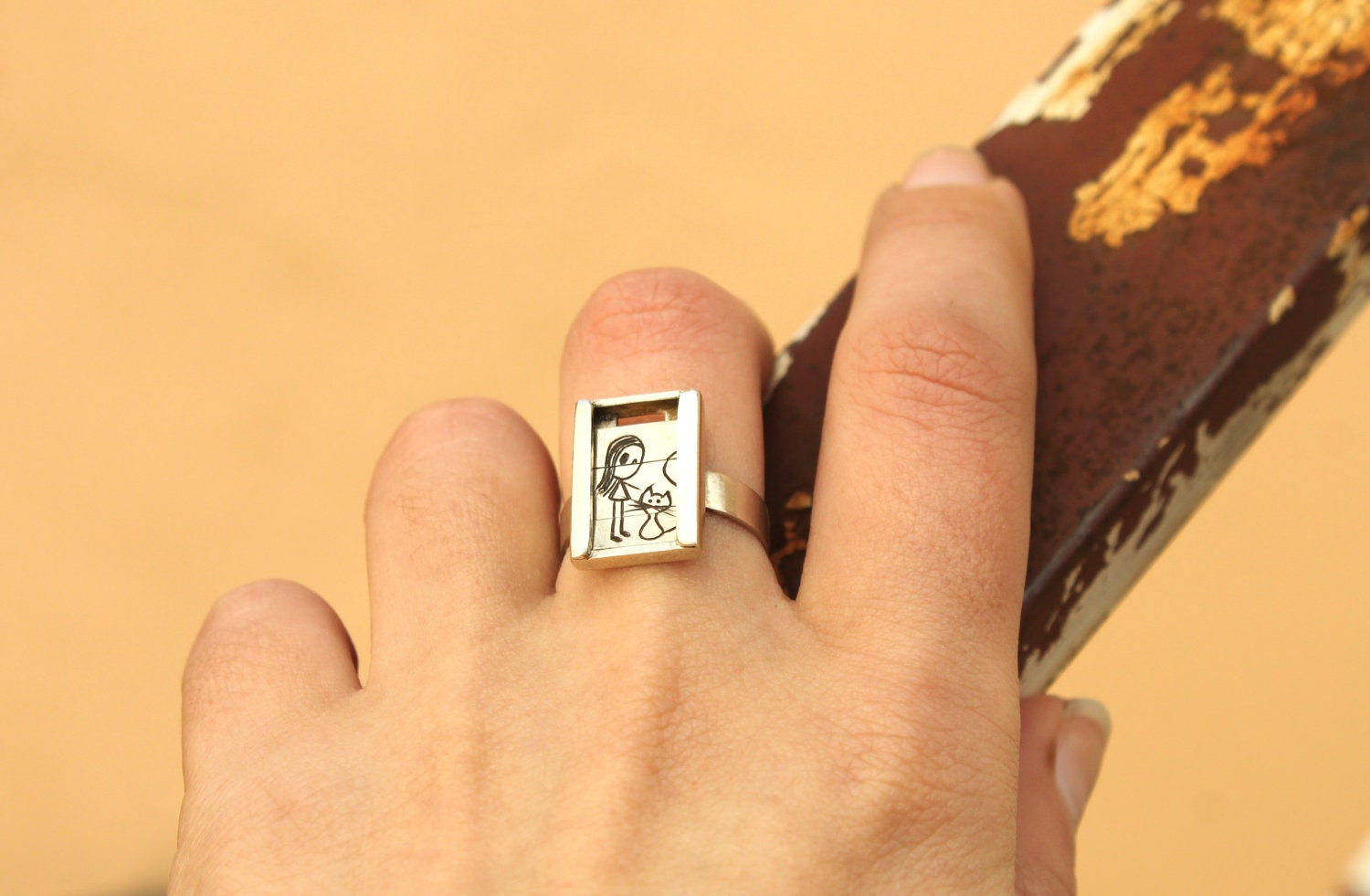 Girl With Kitten- Slider Ring-sterling Silver - Etsy