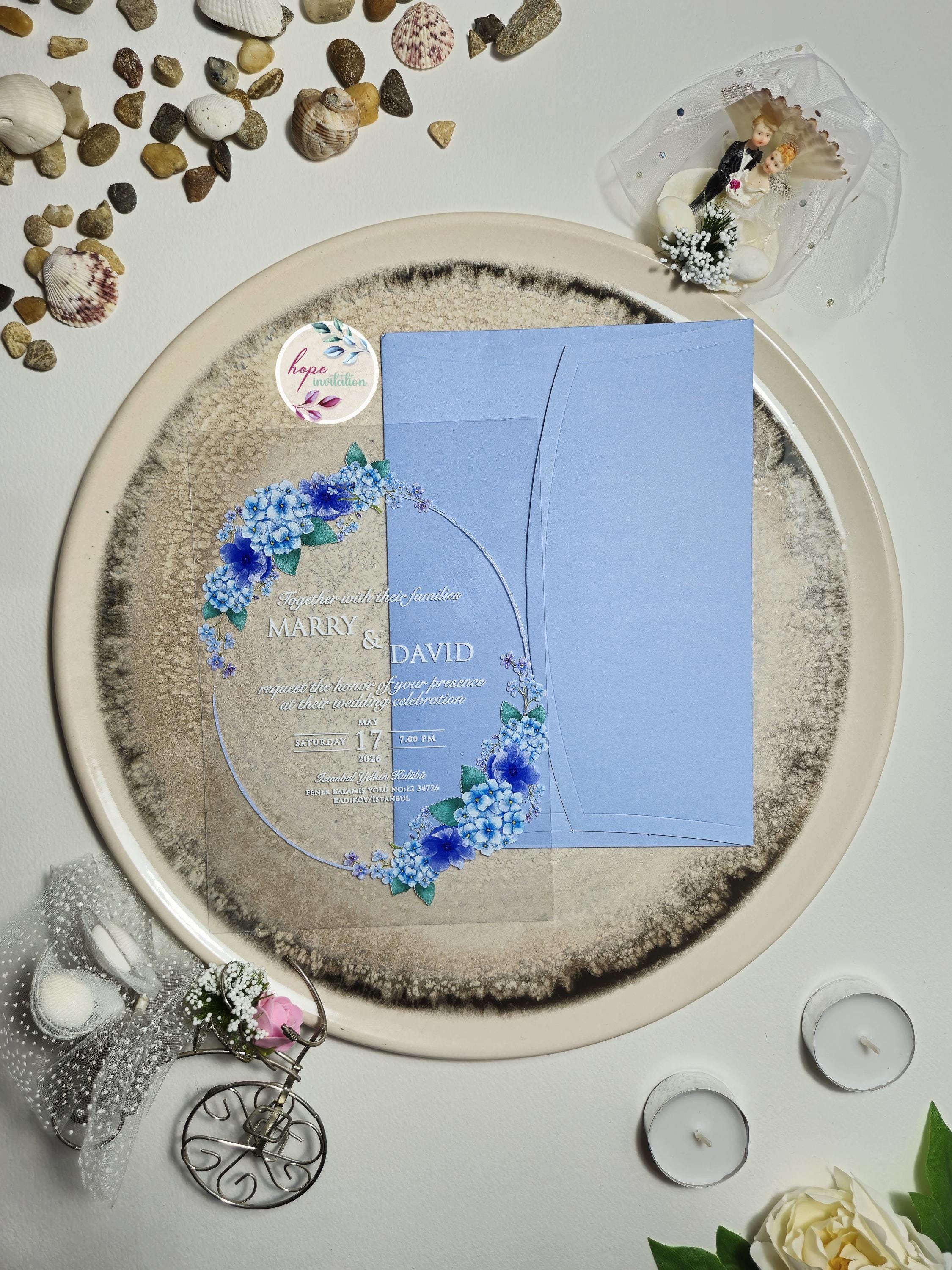 Hyrangea Oval Frame Wedding Invitation Set, Blue Hyrangea Birthday ...