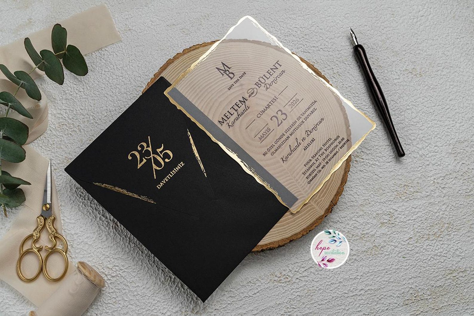 Gold Edge Rustic Elegance Invitation, Acrylic Invitation With Gold ...