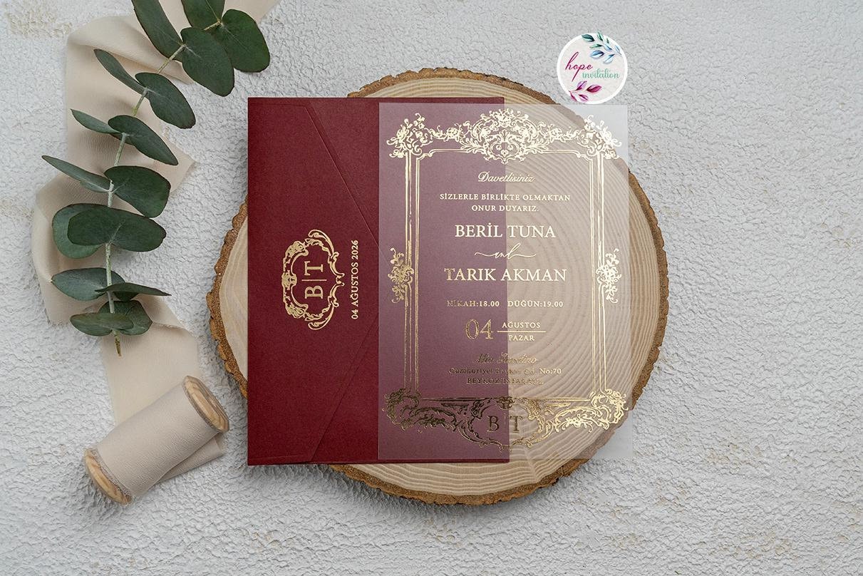 Regal Burgundy and Gold Invitation, Elegant Ornate Frame Wedding ...