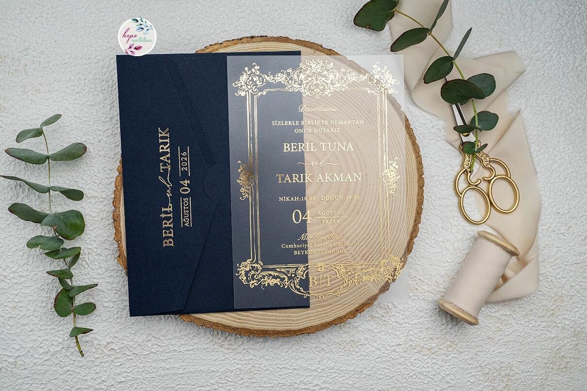 Regal Navy and Gold Invitation, Elegant Ornate Frame Wedding Invitation ...