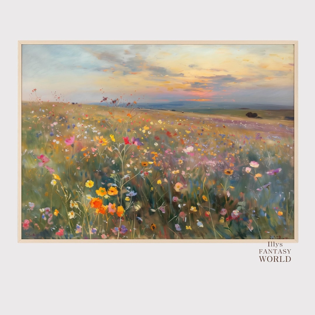 Wildflower Meadow at Sunset, Floral Landscape Oil Painting, Printable ...