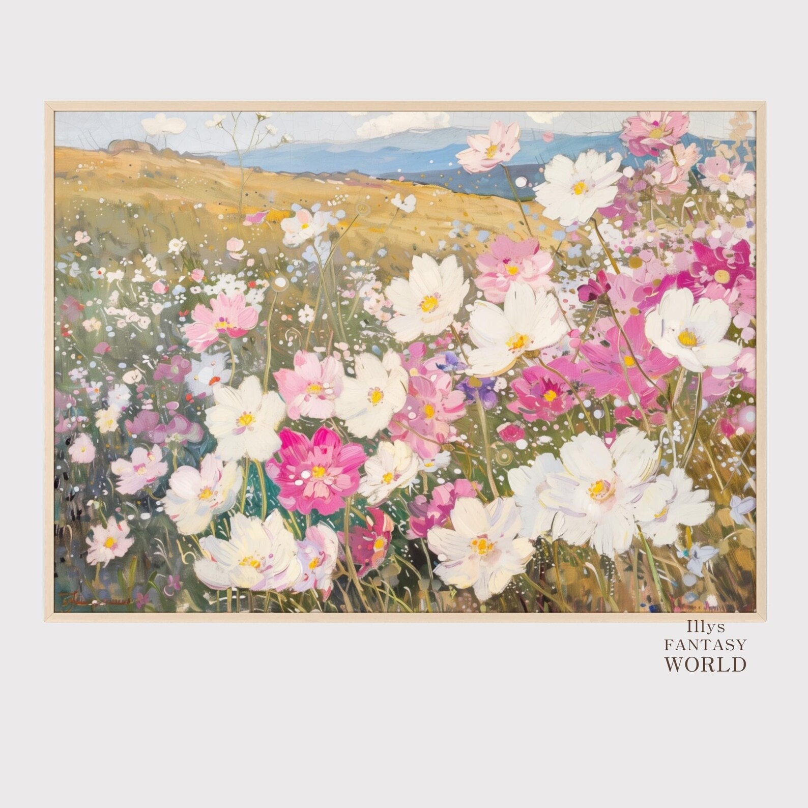 Cosmos Wildflower Field, Floral Landscape Oil Painting, Printable Wall ...