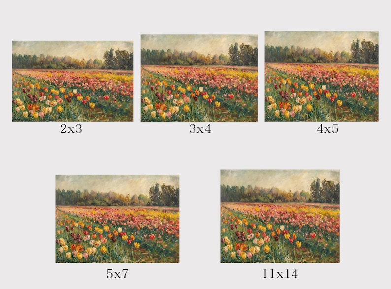 Tulip Field in Bloom, Floral Landscape Oil Painting, Printable Wall Art ...