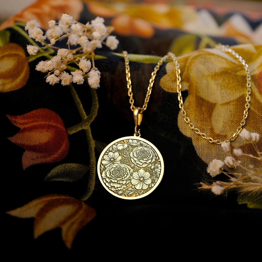 Marigold Birth Flower Necklace – October Medallion – Gold Floral ...