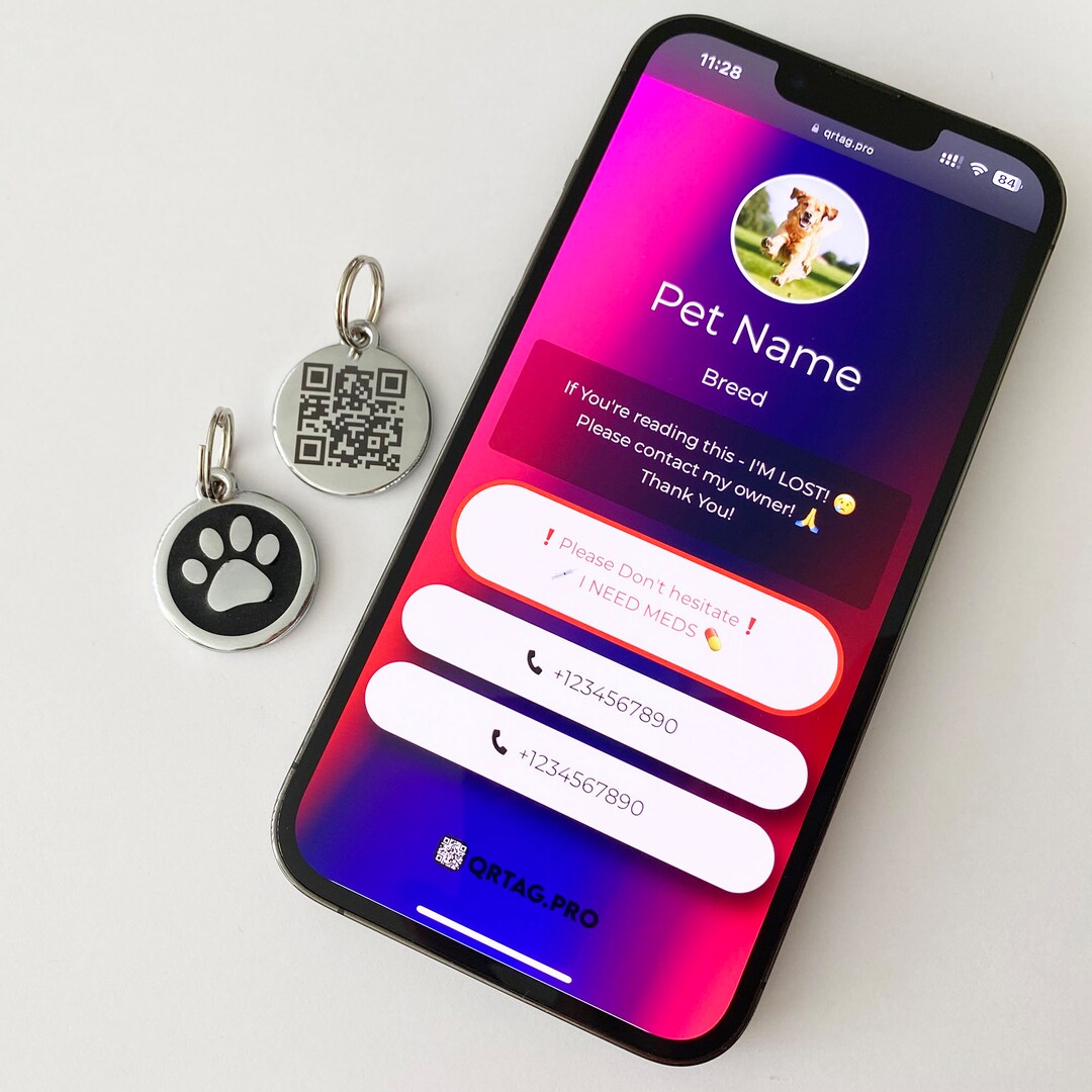 QR Pet Tag QR Code Stainless Steel Dog Round ID Tag No Membership or ...