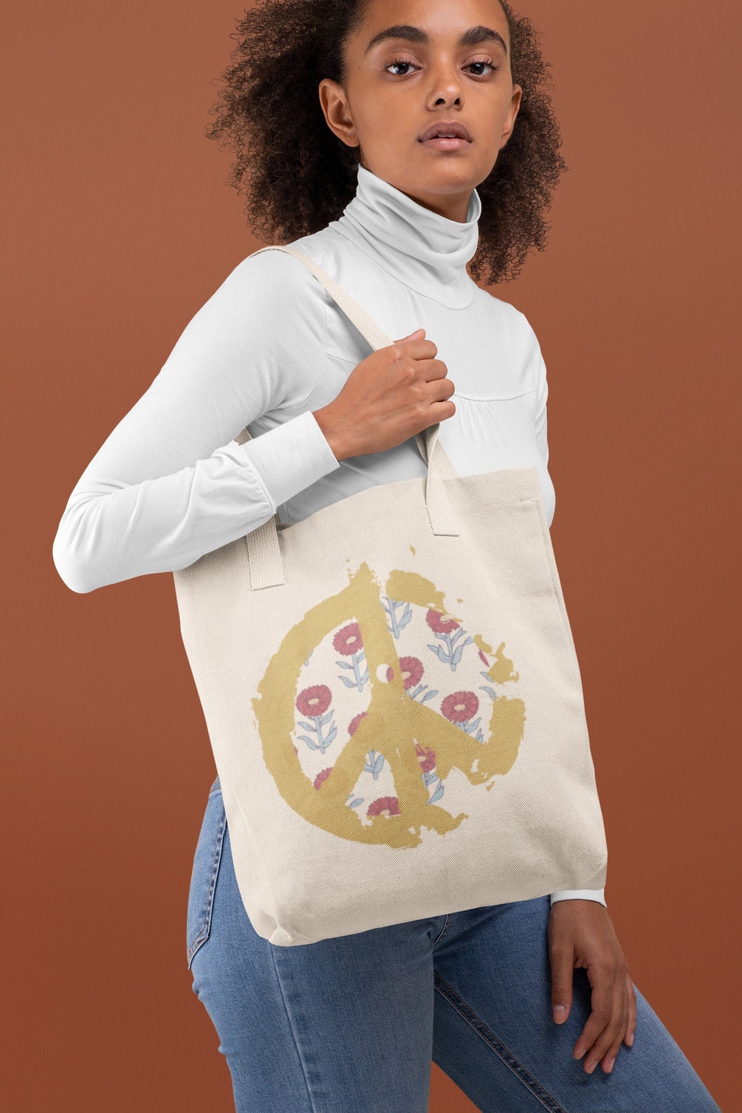 Peace Sign Tote Bag Boho Peace Sign Block Print Tote Bag Gift for Her ...