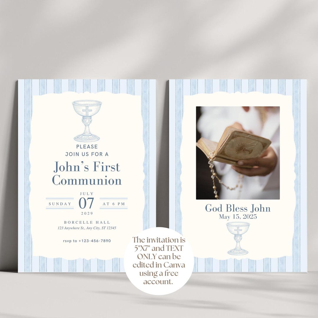 First Holy Communion Invitation for Boys, Blue Watercolor Boys 1st Holy ...