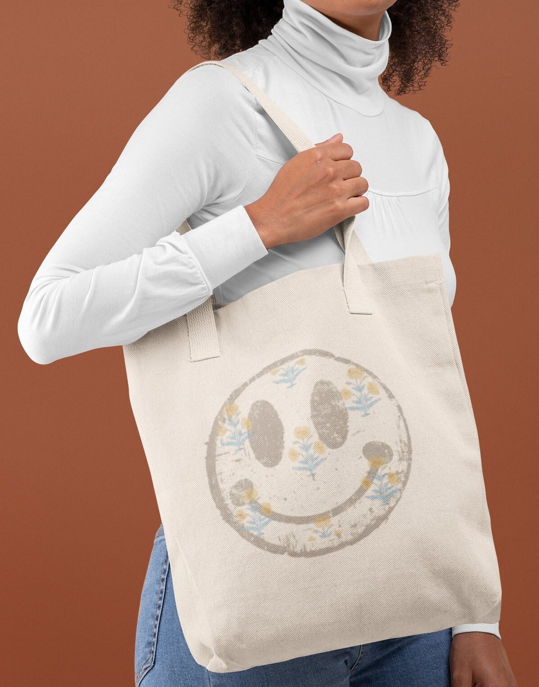 Smiley Face Tote Bag Boho Smiley Face Block Print Tote Bag Gift for Her ...