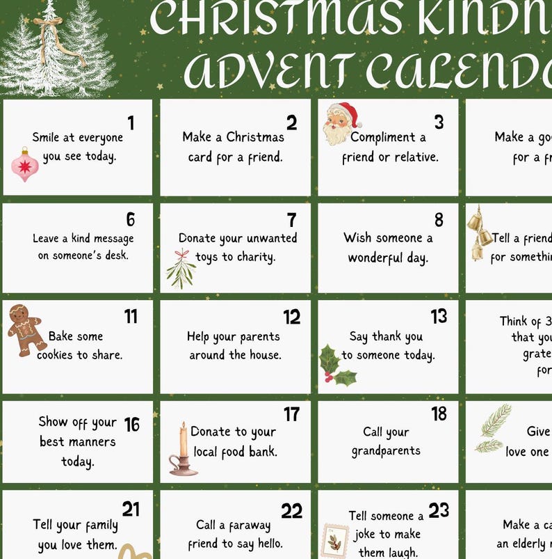 Kindness Advent Calendar Teen Advent Calendar Printable Advent Calendar ...