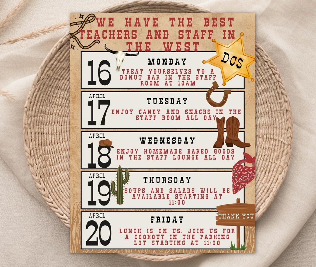 Wild West Teacher Appreciation Week, Editable Itinerary Poster, Western ...