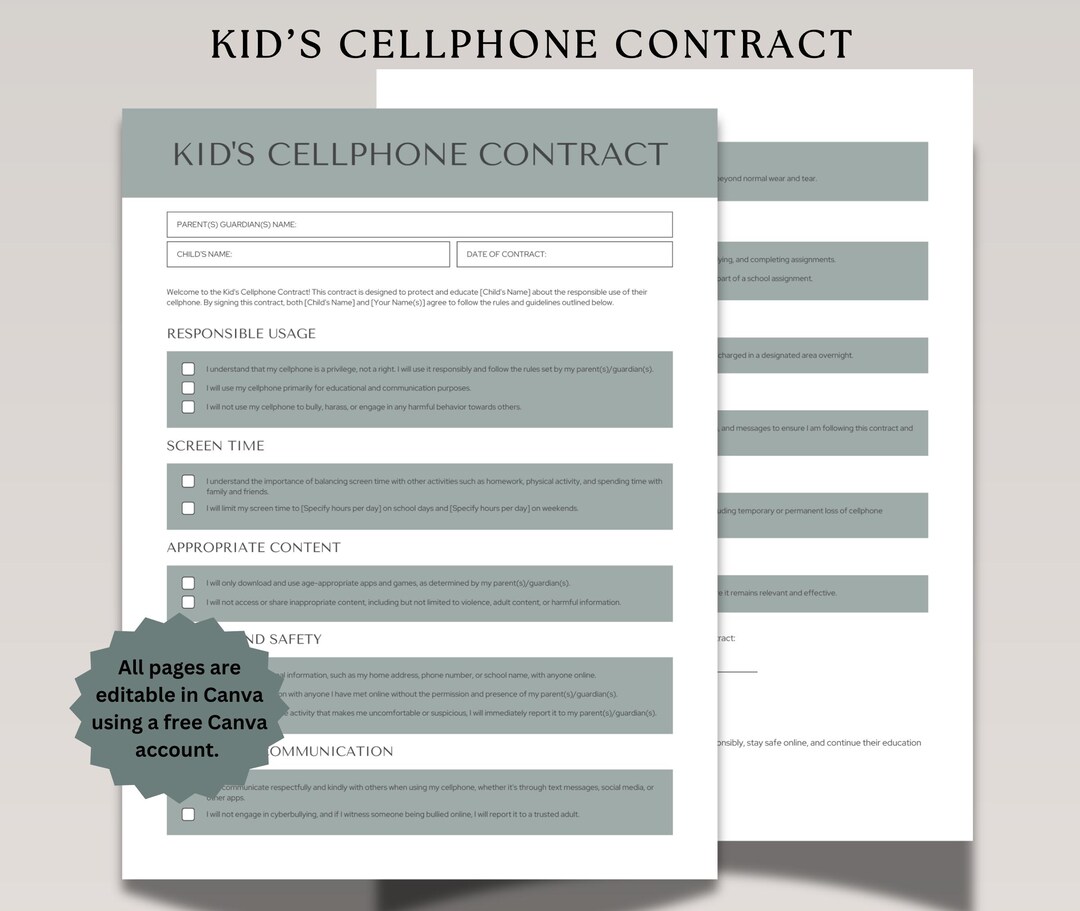 Cell Phone Agreement | Cell Phone Contract for Tween | Editable Kid ...