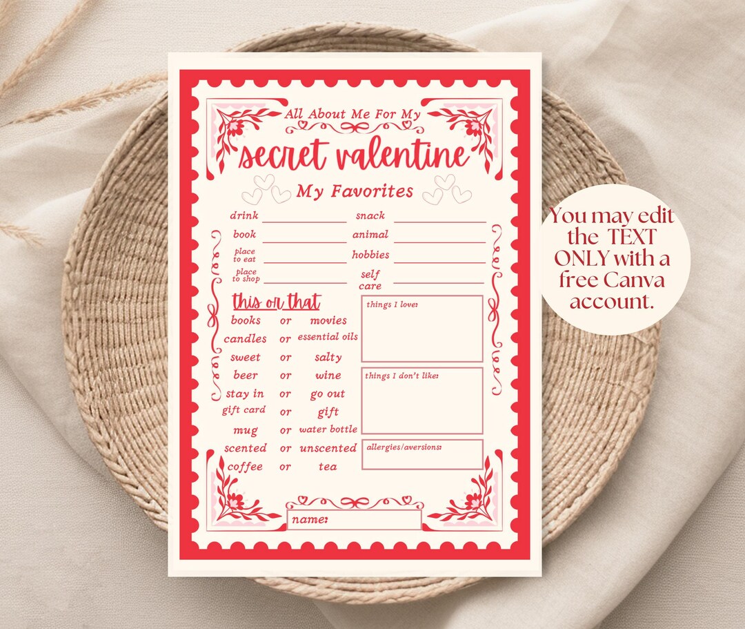 Valentine's Day Secret Pal Questionnaire | Secret Pal Survey | Gift ...