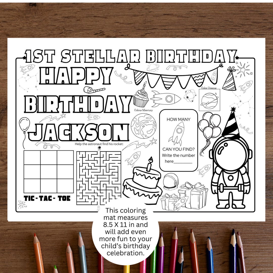 Custom Outer Space Birthday Coloring Placemat, Astronaut Theme Party ...