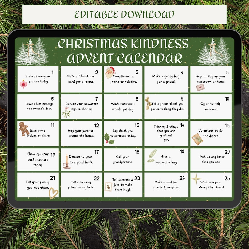 Kindness Advent Calendar Teen Advent Calendar Printable Advent Calendar ...