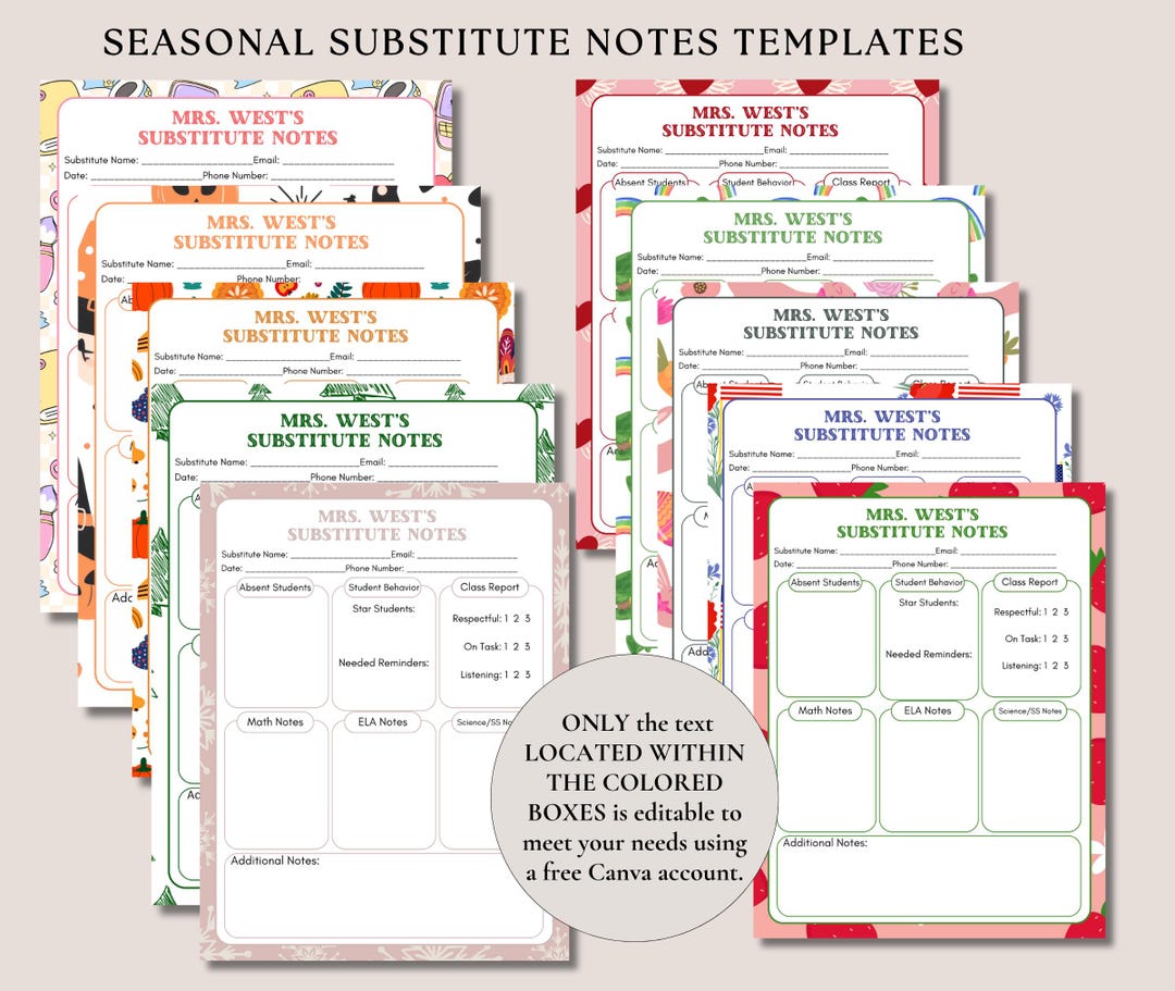 Editable Substitute Teacher Notes Template: Seasonal Report (digital ...