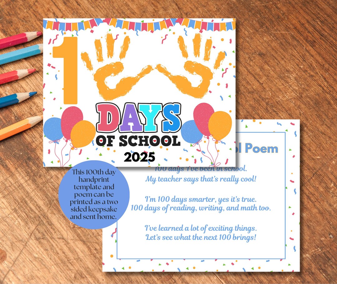 100 Days of School Handprint Art Printable Keepsake 100th Day ...