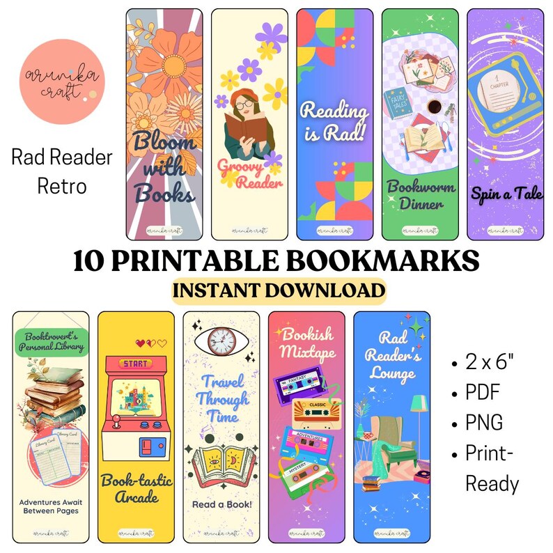 Printable Bookmark Set Retro Themed Groovy Reader Bookworm Gift Funky ...