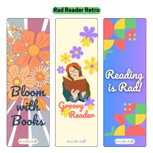 Printable Bookmark Set Retro Themed Groovy Reader Bookworm Gift Funky ...