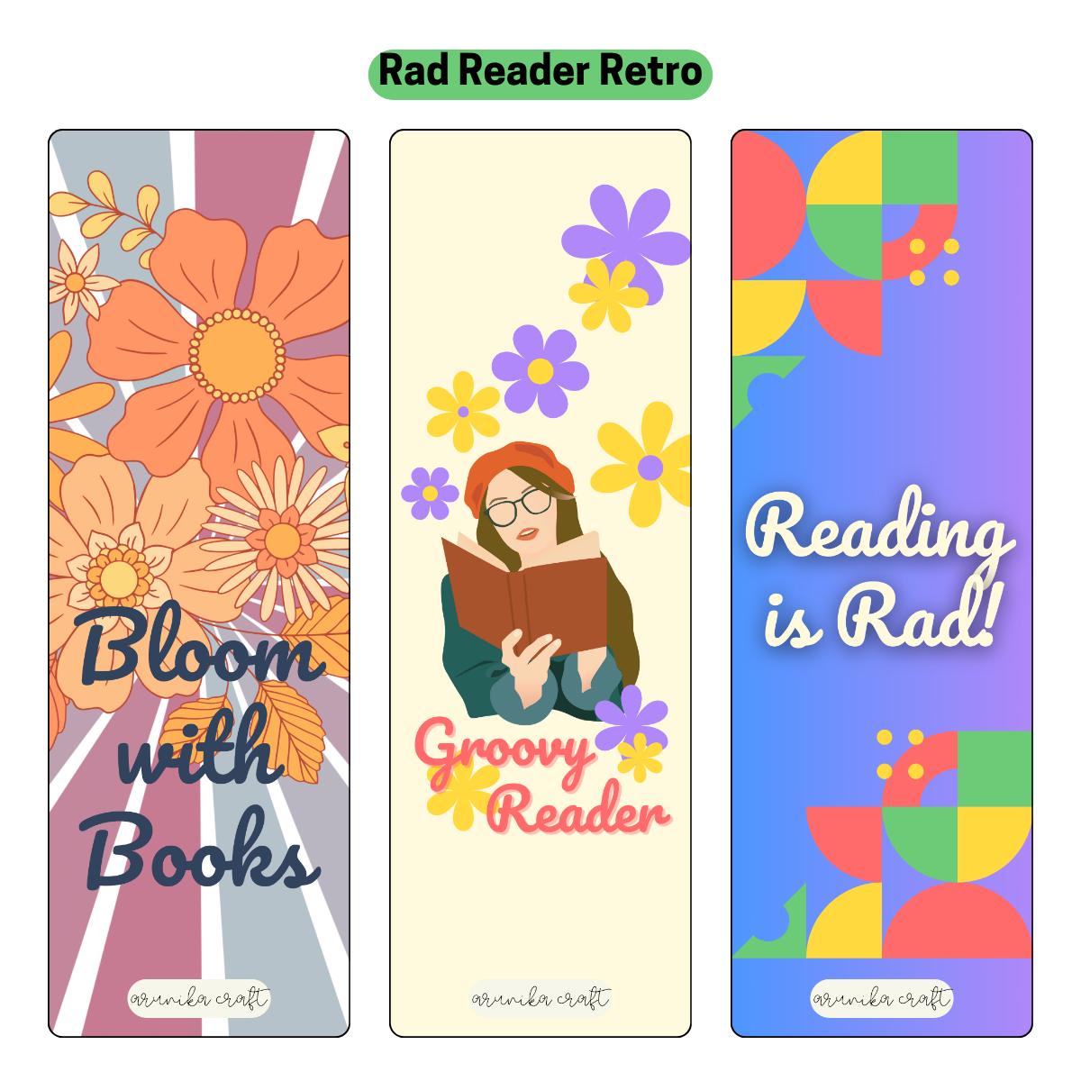 Printable Bookmark Set Retro Themed Groovy Reader Bookworm Gift Funky ...